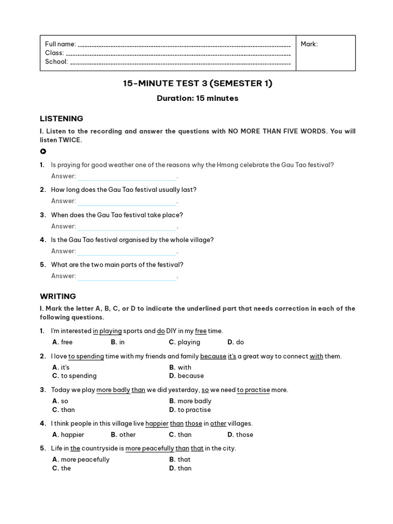 15-Minute Test 3 (Semester 1) | PDF