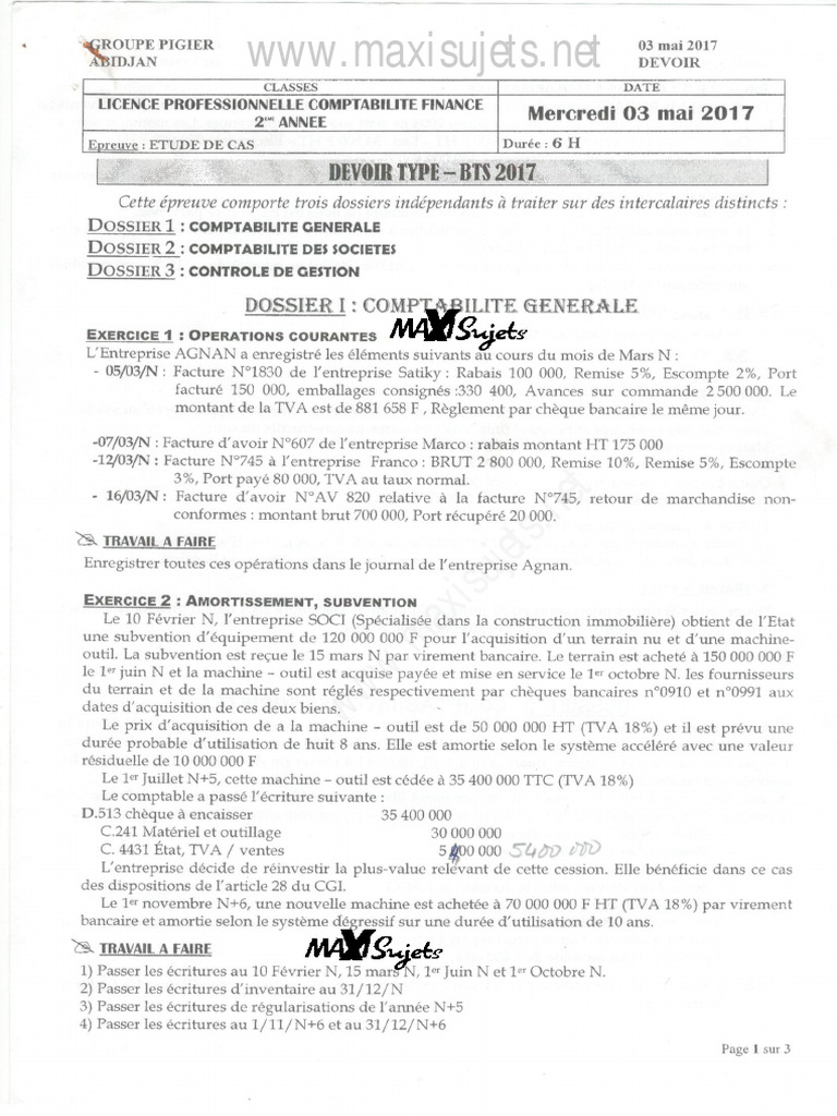 Devoir BTS2 - 2017 - Étude de Cas - PIGIER CI - Comptabilité Et Finance | PDF