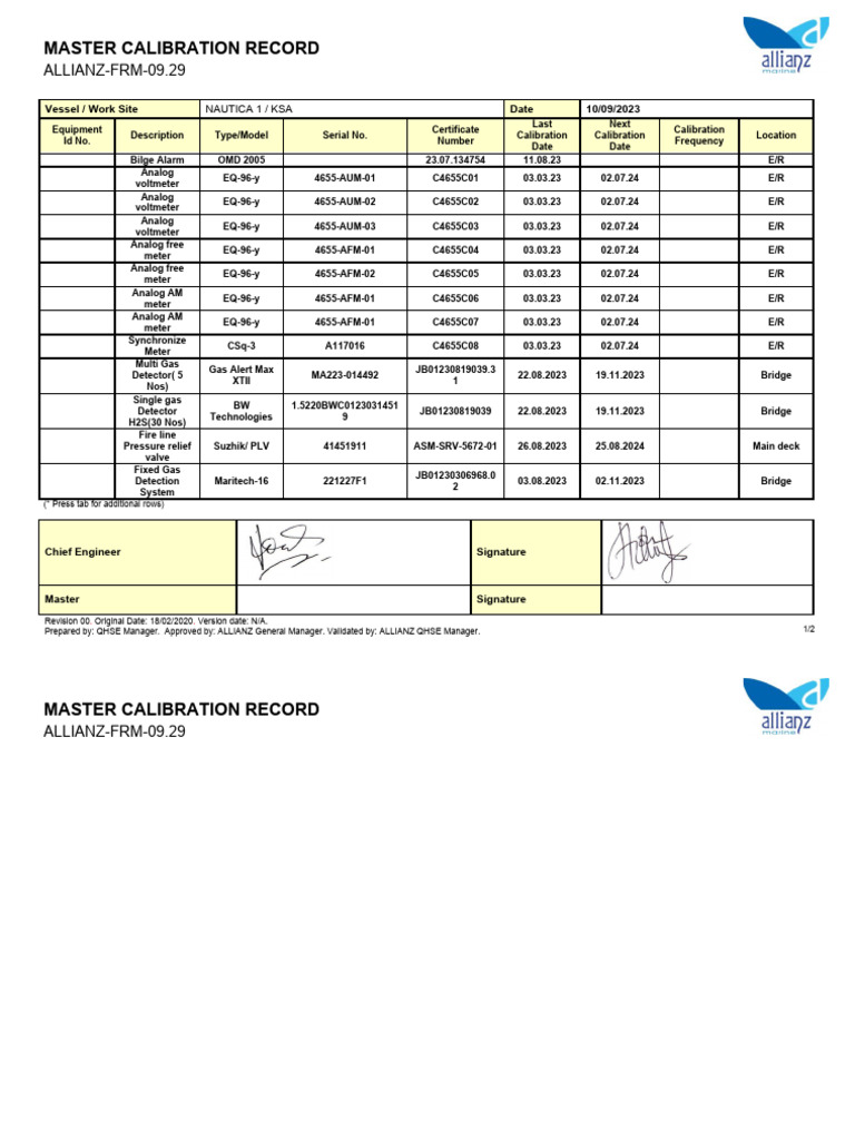 ALLIANZ-FRM-09.29 Master Calibration Record | PDF | Equipment ...