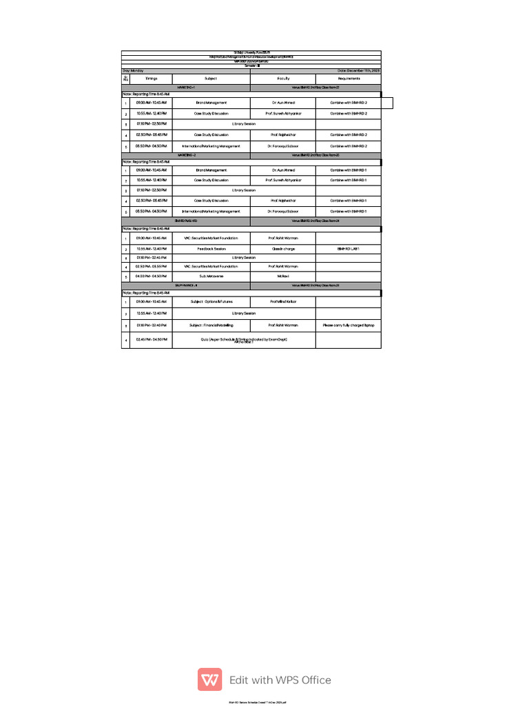 BIMHRD Seniors Schedule Dated 11th Dec 2023 | PDF