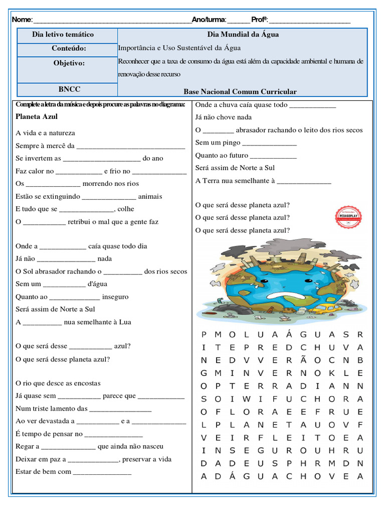 Portugues Atividade Dia Mundial Da Agua 5º Ano | PDF