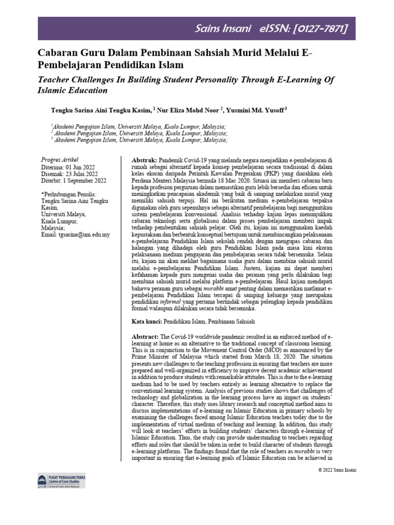 Cabaran Guru Dalam Pembinaan Sahsiah Murid Melalui E-Pembelajaran ...