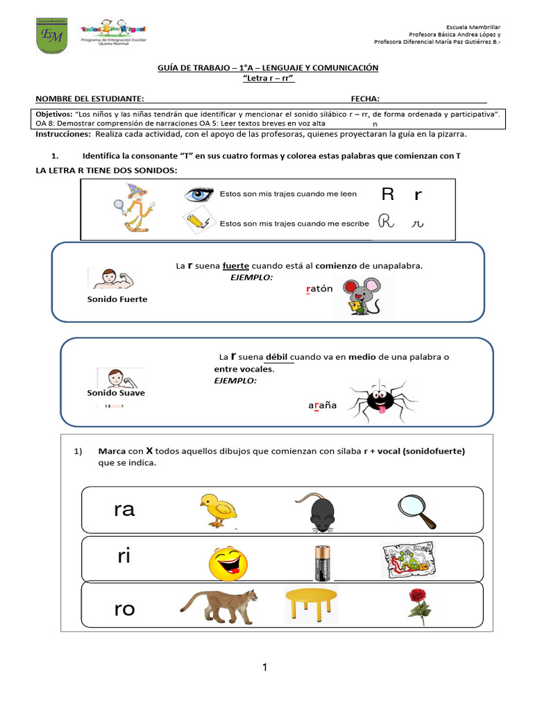 Guia Evaluada Letra R - RR | Descargar gratis PDF | Sílaba | Fonética