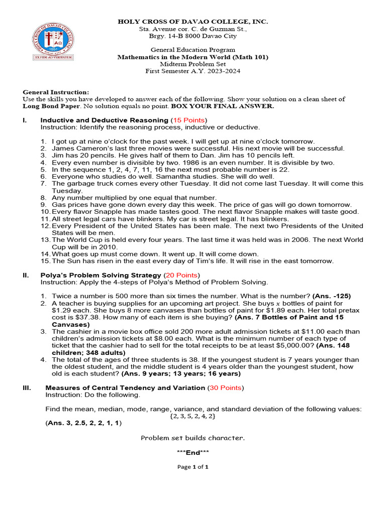 Math 101 Midterm Problem Set | PDF | Mathematics