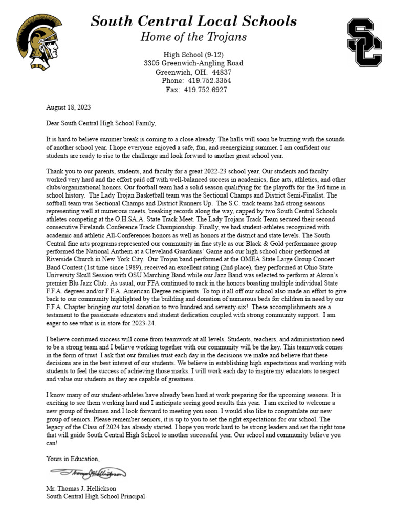 South Central High School 2023-24 Student Welcome Letter | PDF
