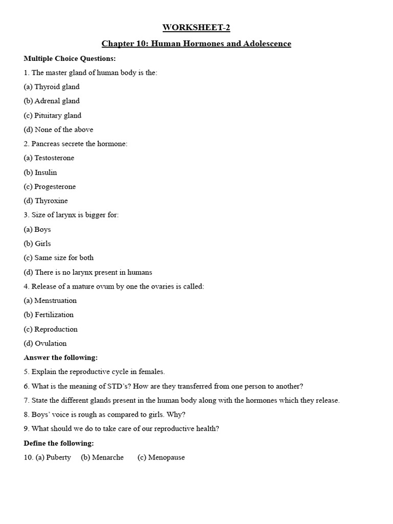 Hormones and Adolescence Quiz Worksheet | PDF