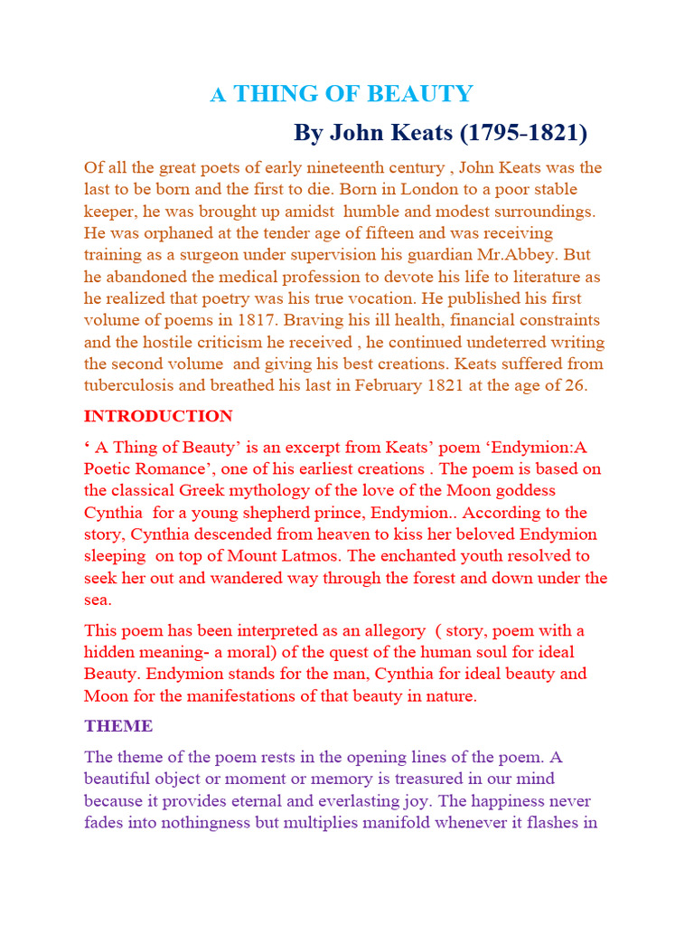 A Thing of Beauty Notes Assign. | PDF | John Keats | Poetry
