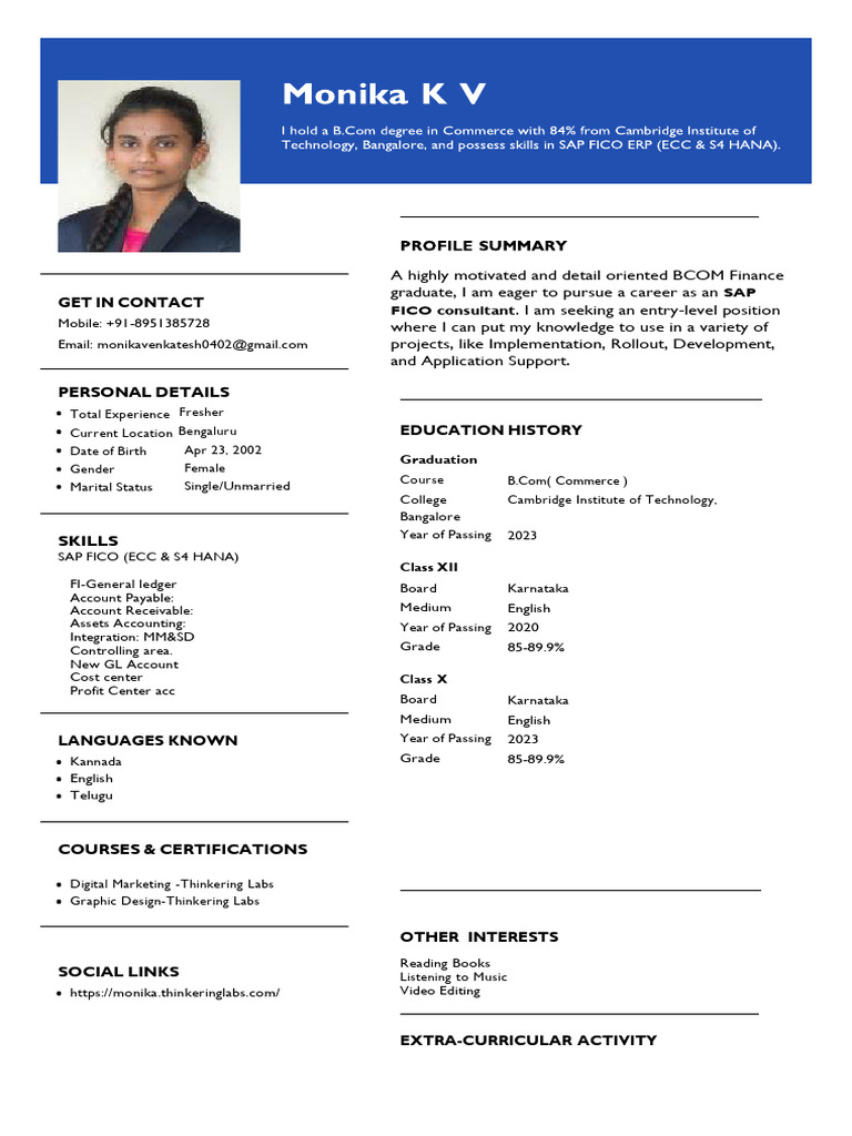 Monika KV_SAP FICO Fresher resume | PDF