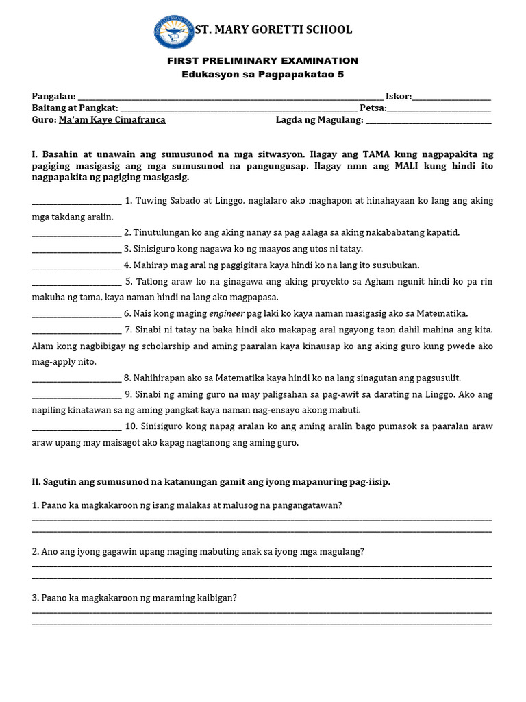 1st Prelim Exam Esp 5 | PDF