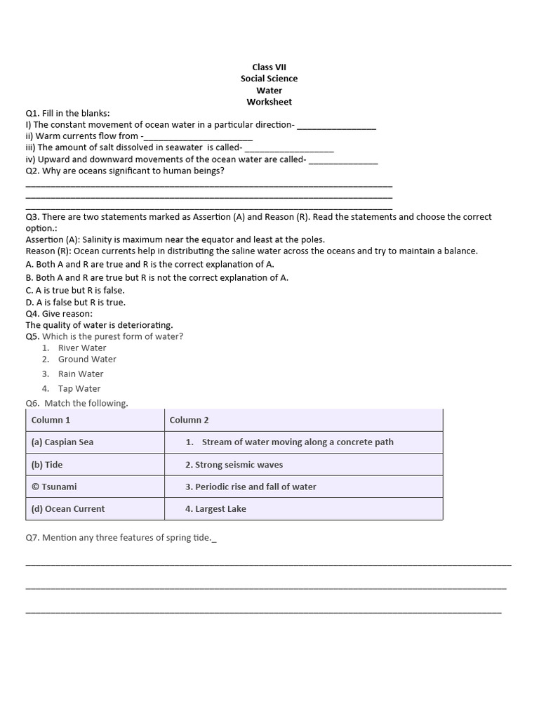 Class 7 Water Worksheet and Answers | PDF | Science & Mathematics