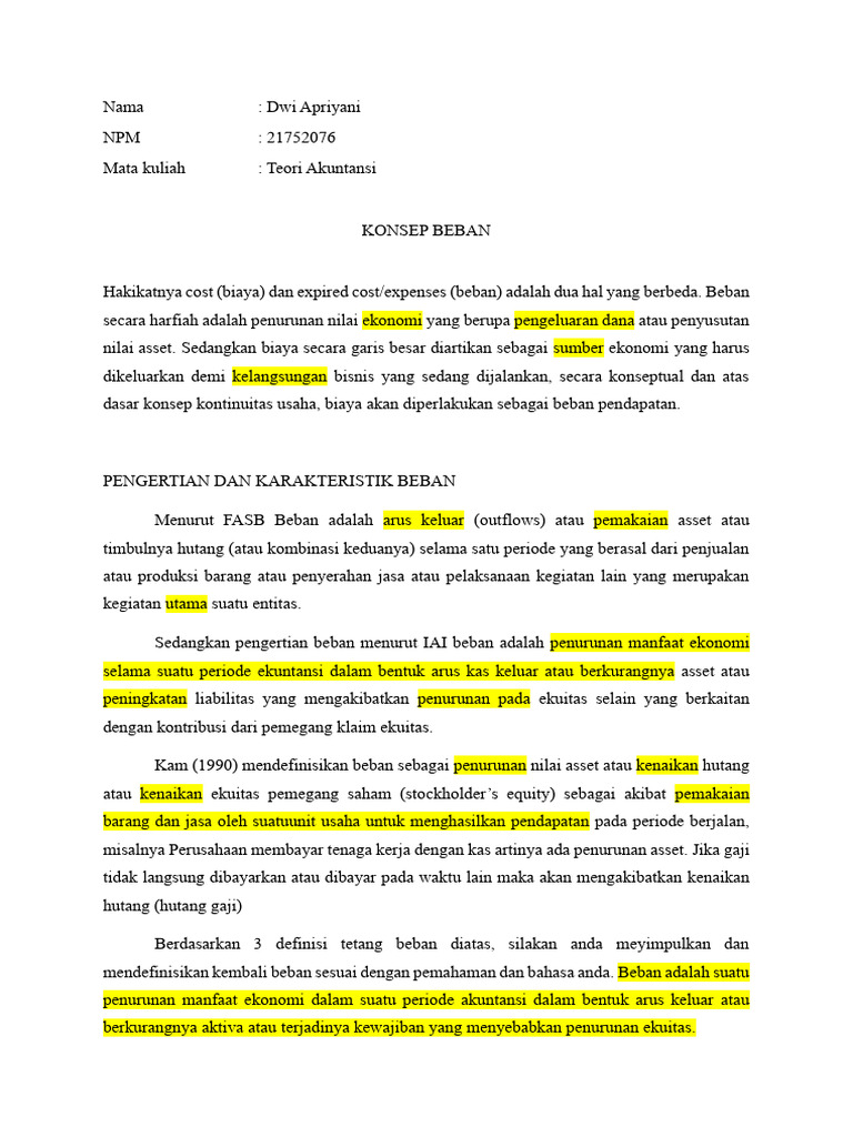 Dwi Apriyani - Ta - Konsep Beban | PDF | Pengelolaan Keuangan & Uang