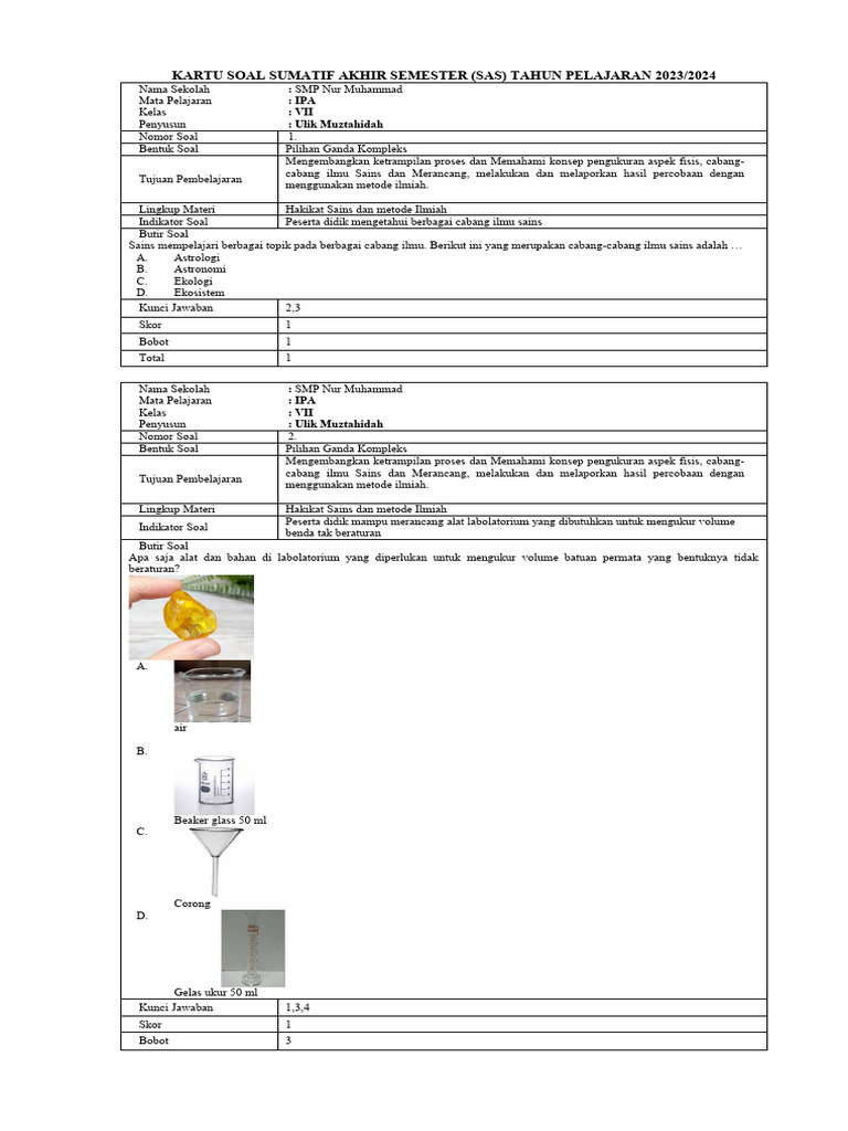 Kartu Soal Sas Ipa 7CD | PDF