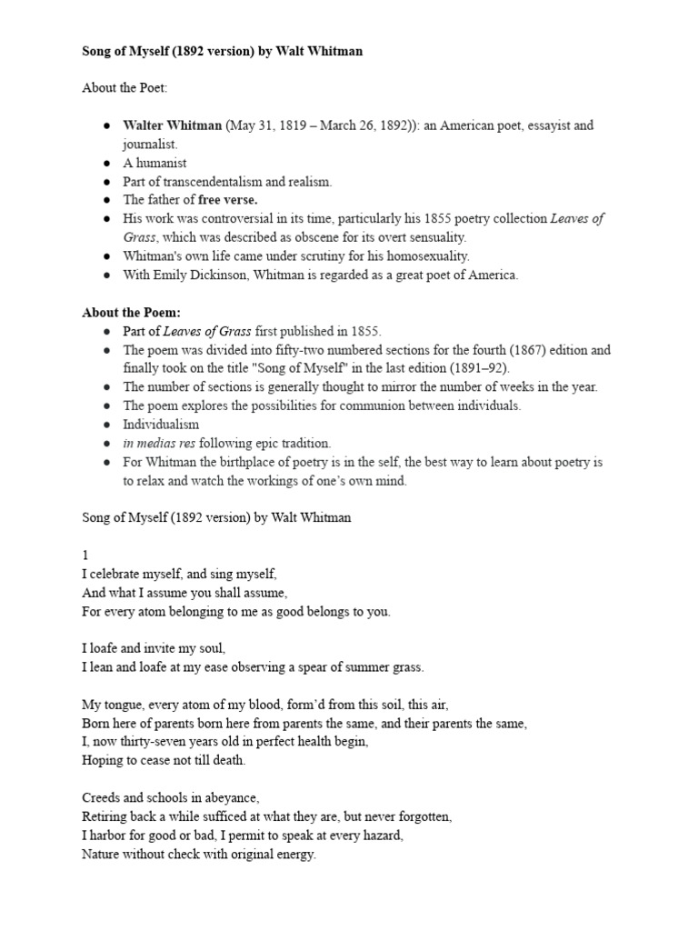 Analysis of Whitman's "Song of Myself" | PDF | Walt Whitman | Leaves Of ...