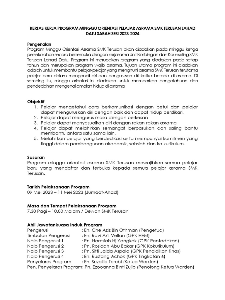 Kertas Kerja Program Minggu Orientasi Pelajar Asrama SMK Terusan Lahad ...