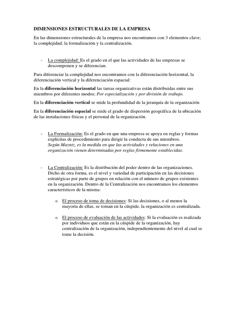 Dimensiones Estructurales de la Empresa | PDF | Negocios | Finanzas y ...