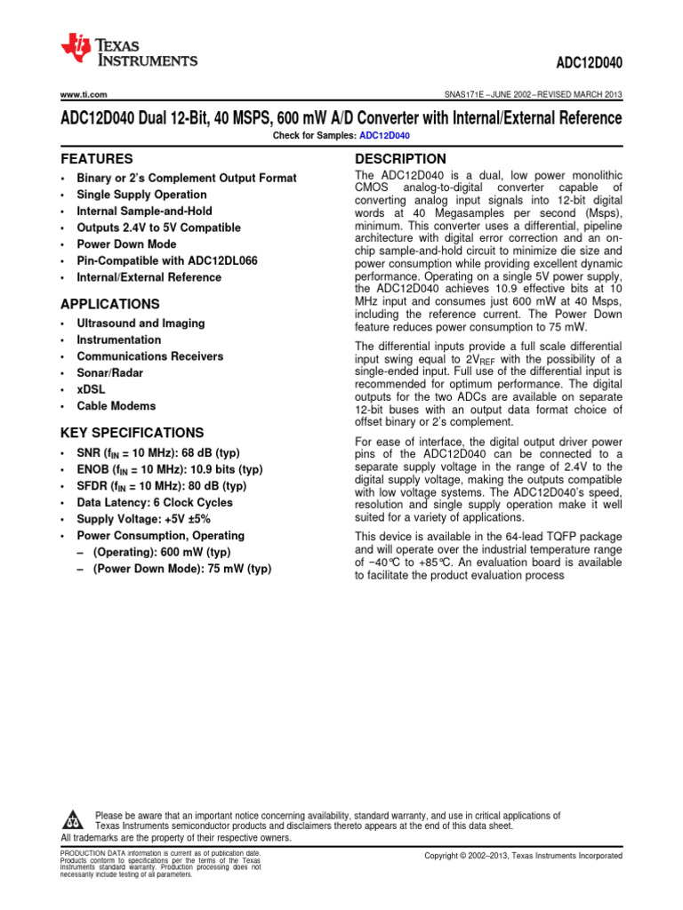 Adc 12 D 040 | PDF | Analog To Digital Converter | Power Supply