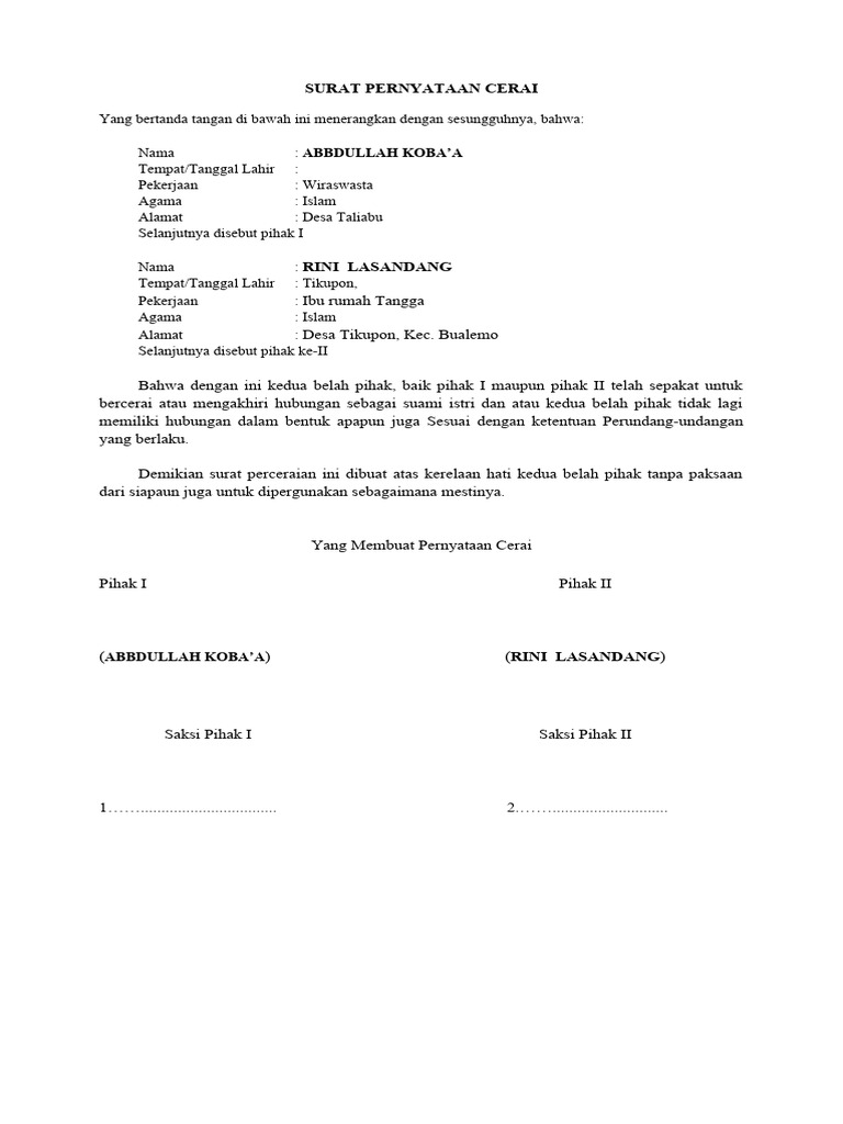 SURAT PERNYATAAN CERAI | PDF