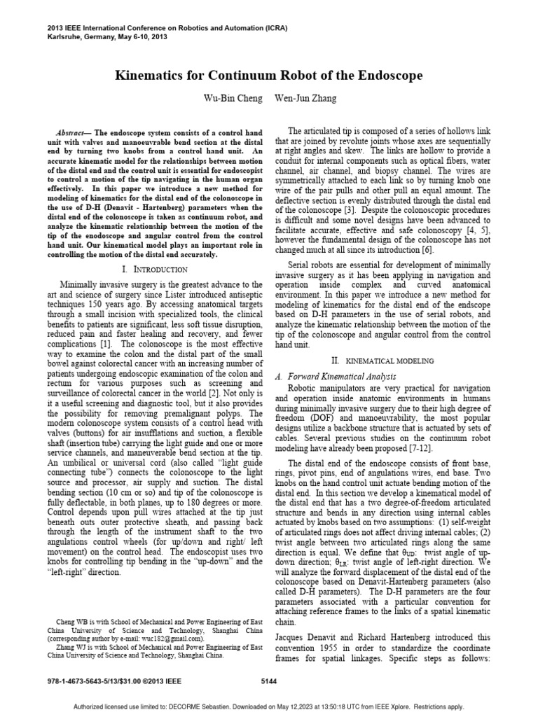 Kinematics For Continuum Robot of The Endoscope | PDF