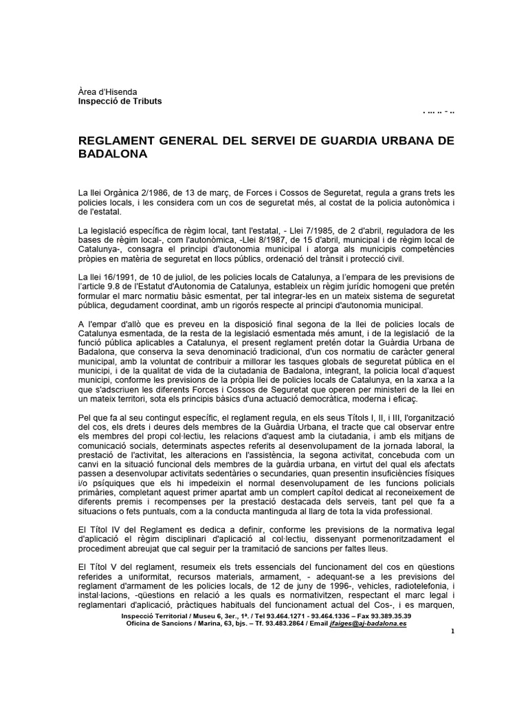 Reglament General Servei Guàrdia Urbana | PDF