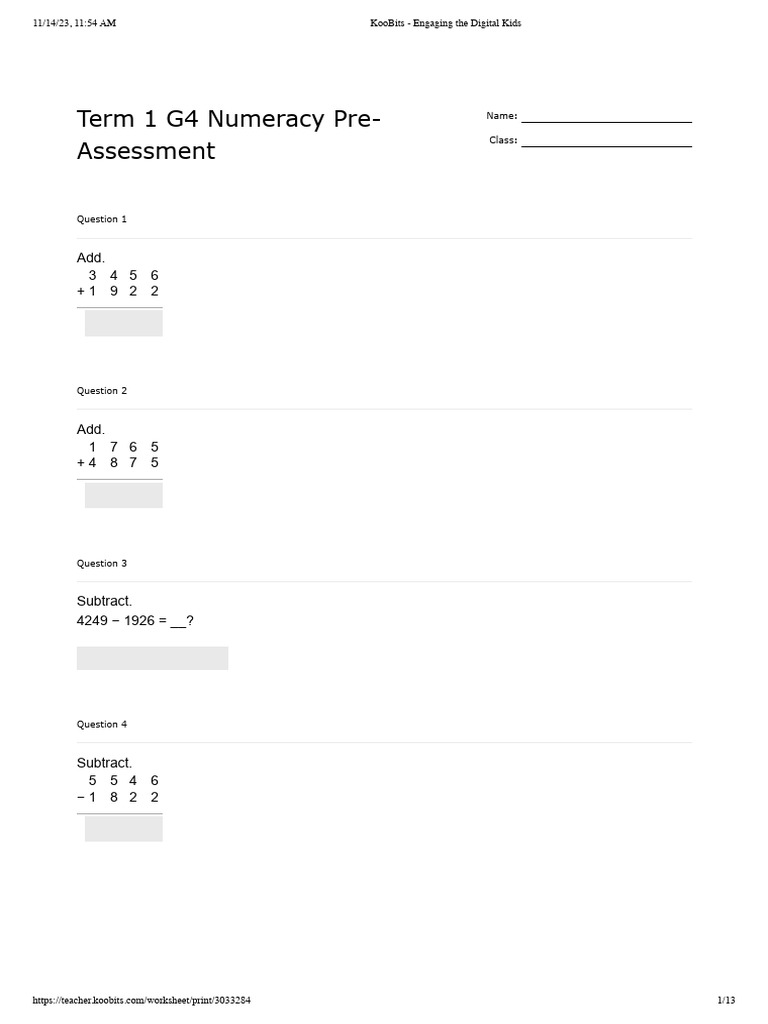 NUMERACY 4 - Term 1 Pre-Assessment (Jaden) | PDF | Elementary Mathematics | Mathematics