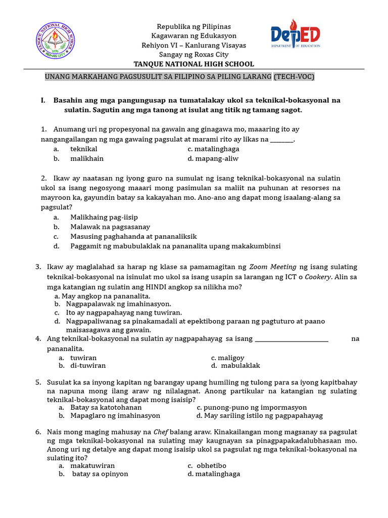 Unang Markahang Pagsusulit | PDF