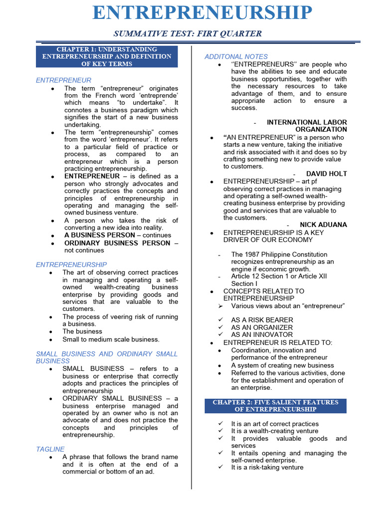ENTREPRENEURSHIP-REVIEWER-SUMMATIVE-TEST | PDF