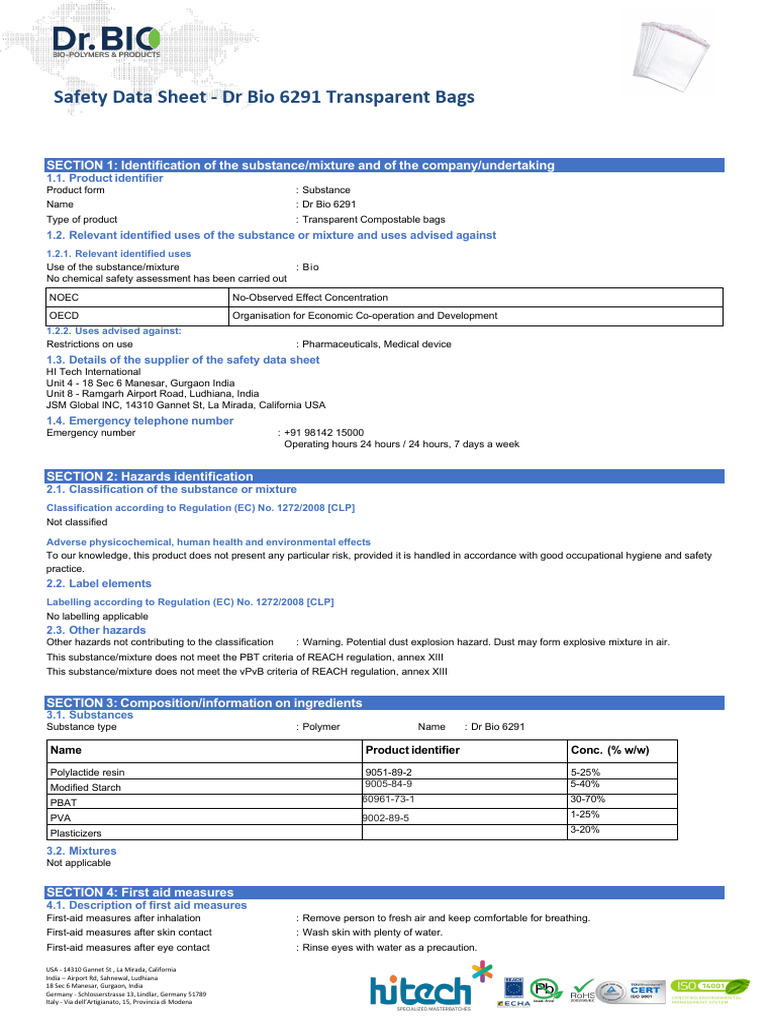 Dr Bio 6291 Compostable Bags SDS | PDF | Personal Protective Equipment ...