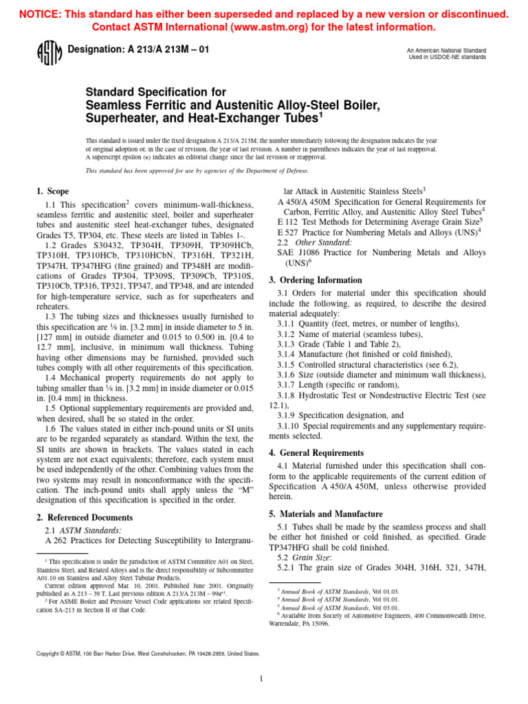 A 213 - A 213M - 01 Qtixmy0wmq | PDF | Heat Treating | Building Materials