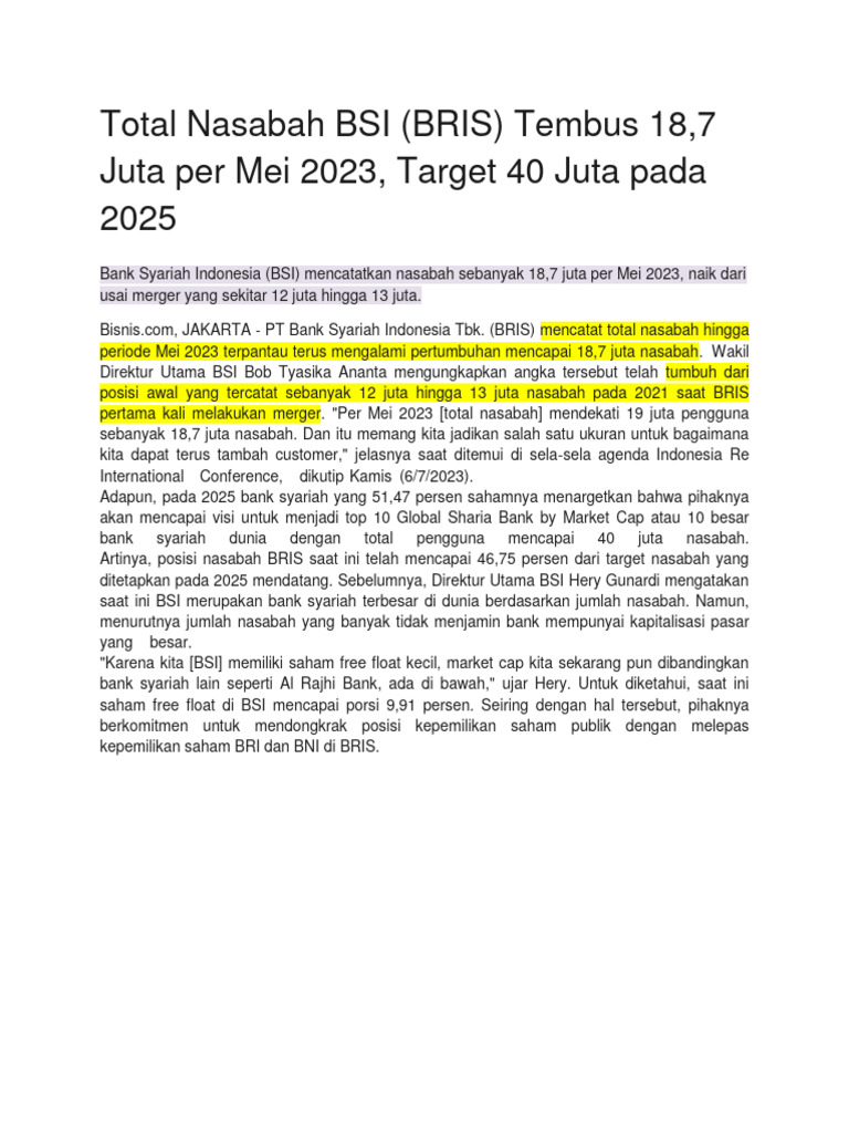 Total Nasabah BSI Capai 18,7 Juta | PDF