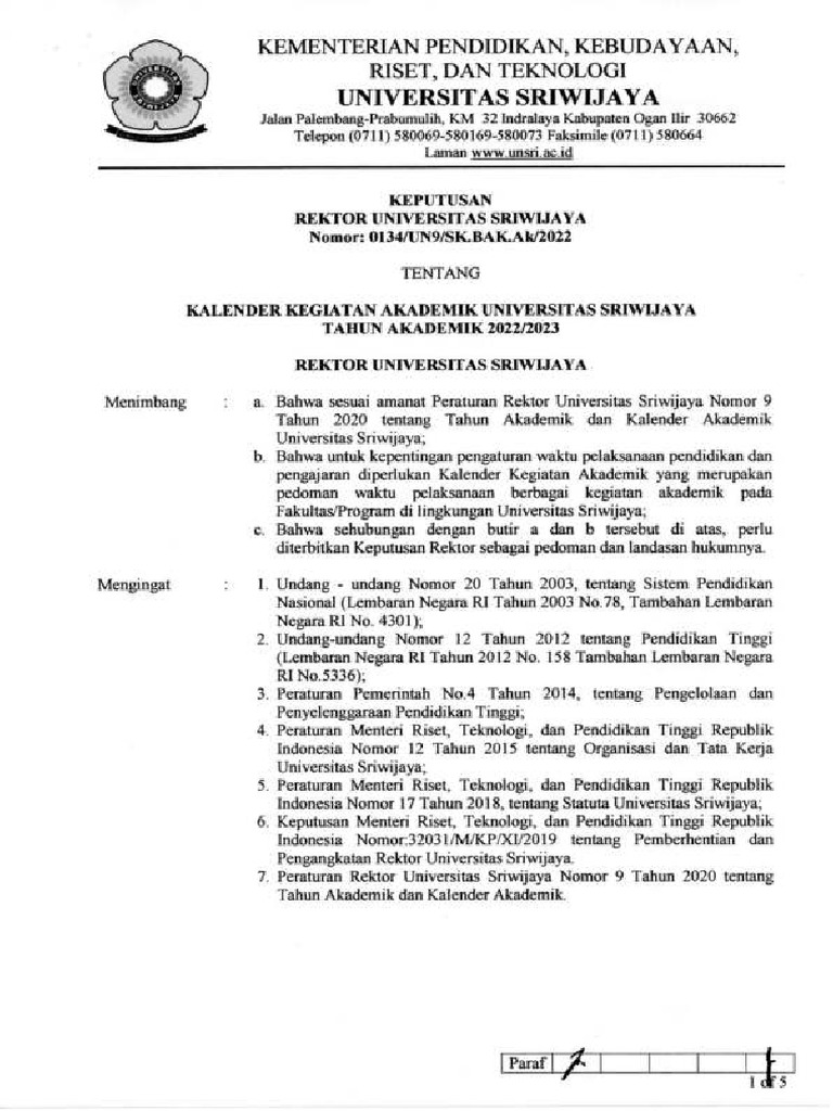 SK - BAK - .Ak - .0134 Kalender Akademik Unsri Tahun Akademik 2022 2023 1 2 | PDF