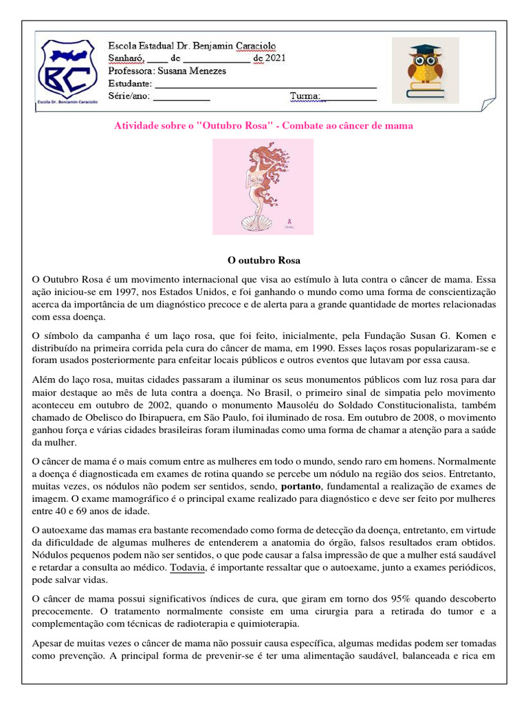 atividade_outubro rosa | PDF | Câncer de mama | Câncer