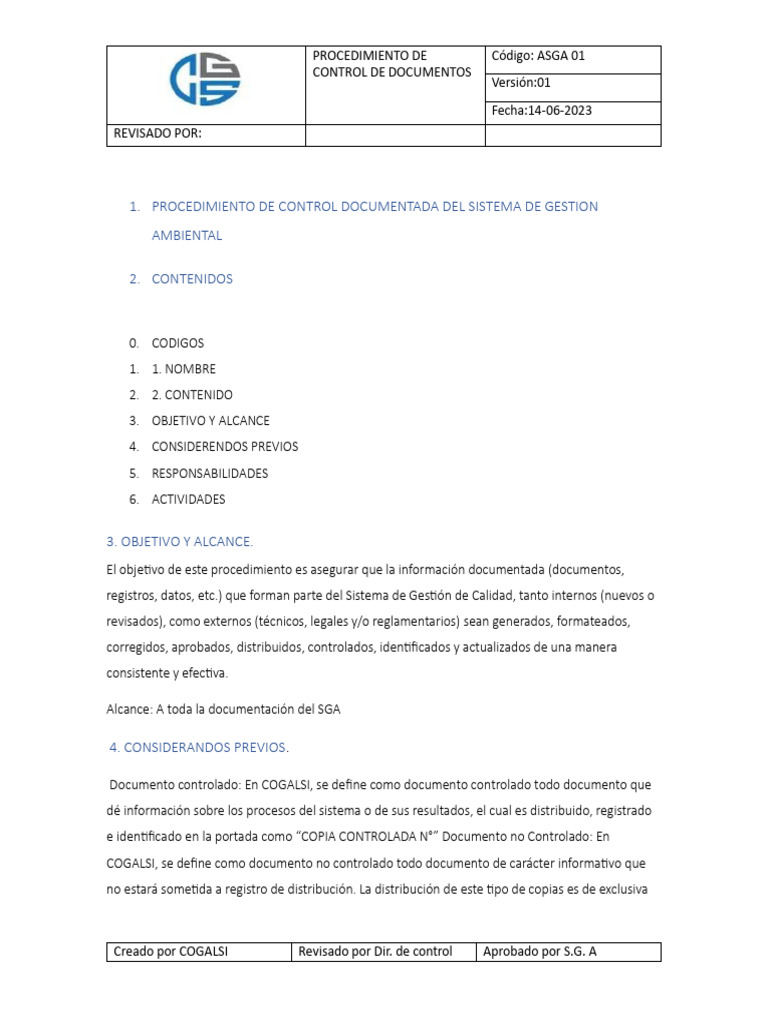 PROCEDIMIENTO DE CONTROL DE DOCUMENTOS. SGA COGALSI PDF | PDF | Sistema de manejo de calidad ...