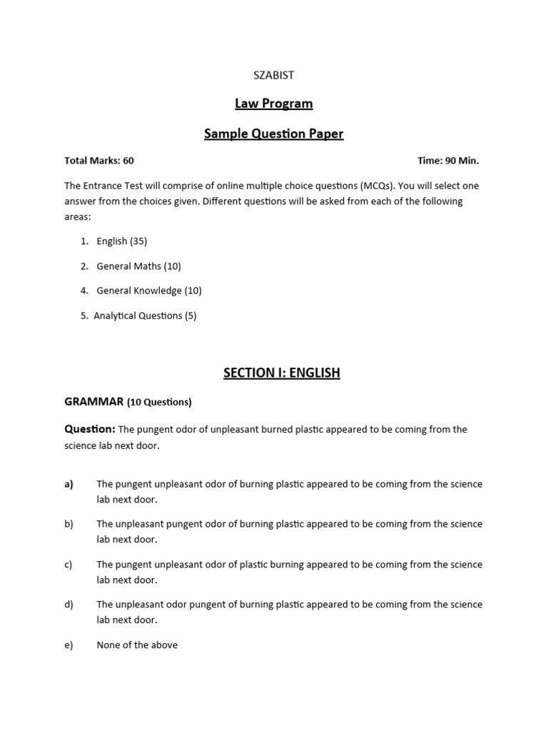 Law Program Sample Question Paper: Szabist | PDF | Multiple Choice | Odor