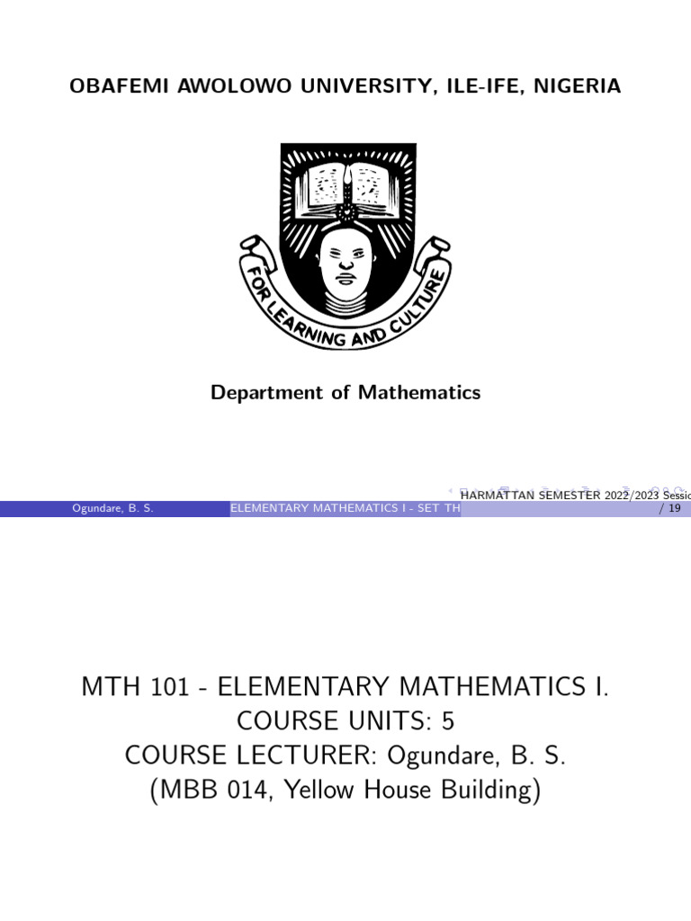 MTH 101 (Elementary Mathematics I) - 2223venn | PDF | Set (Mathematics) | Function (Mathematics)