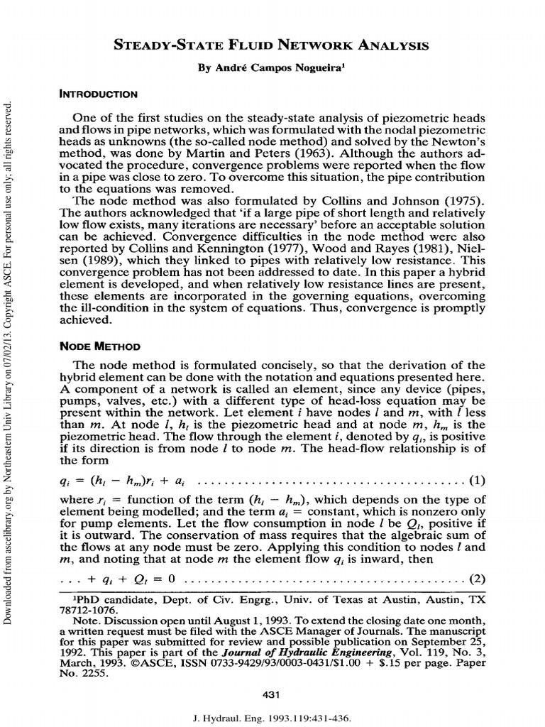 Steady State Fluid Network Analysis André Campos Nogueira Pdf Matrix Mathematics Equations 2846