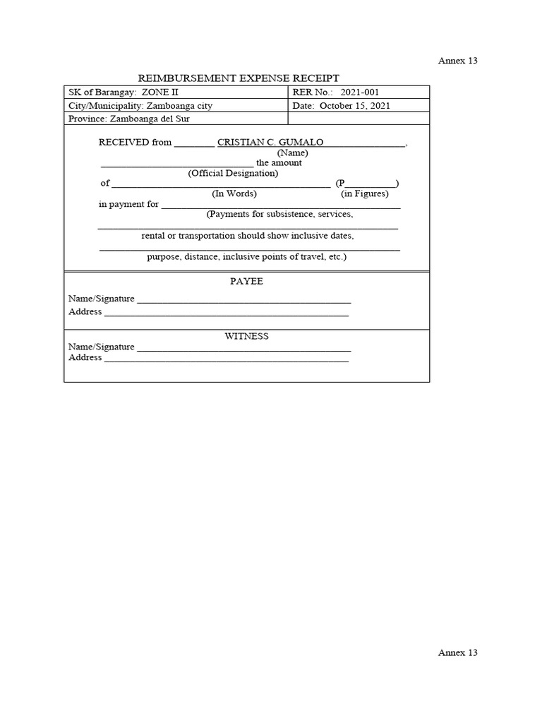 Annex 13-Reimbursement Expense Receipt | PDF | Payments | Receipt