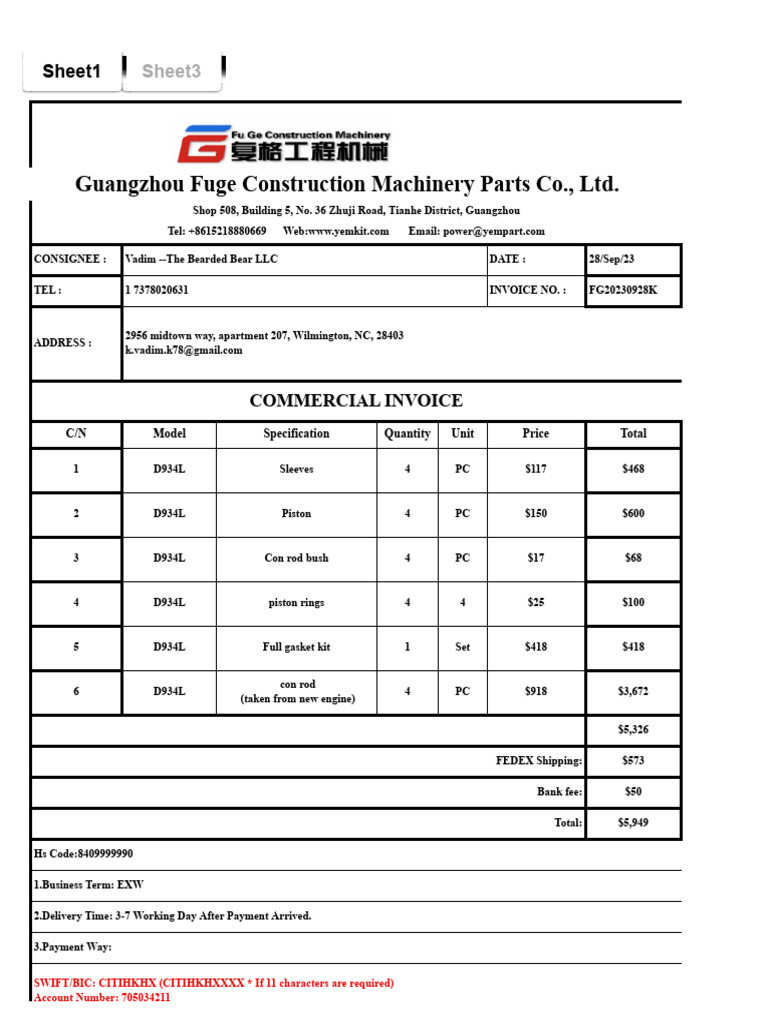 Commercial Invoice for Engine Parts | PDF | Money | Financial Services