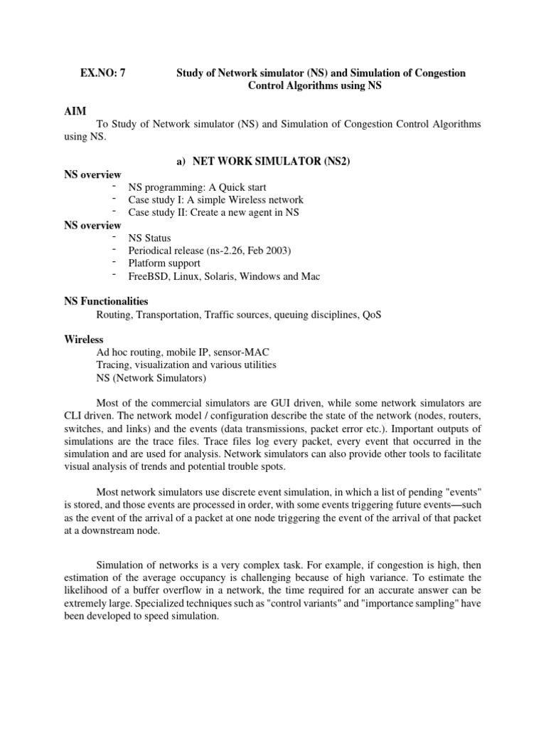 EX - NO: 7 Study of Network Simulator (NS) and Simulation of Congestion ...
