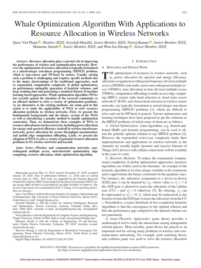 Whale Optimization Algorithm With Applications To Resource Allocation in Wireless Networks | PDF ...
