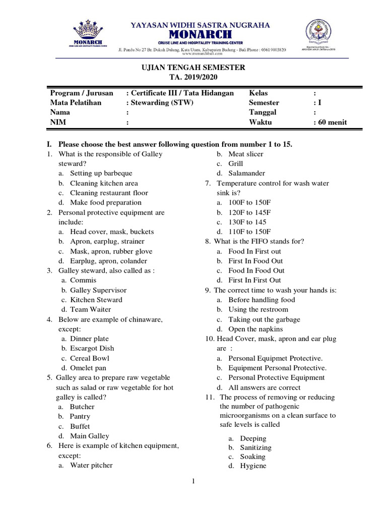 Soal Uts STW Certificate III Waiting 2019-2020-Update | PDF | Cooking | Food And Drink