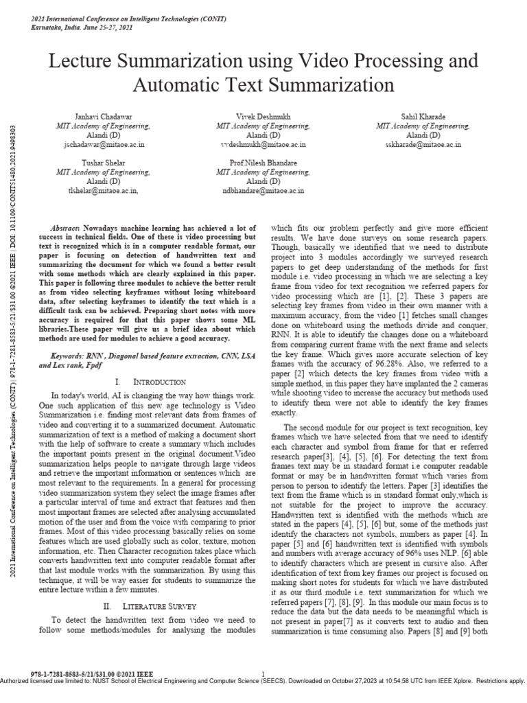 Lecture Summarization Using Video Processing and Automatic Text Summarization | PDF