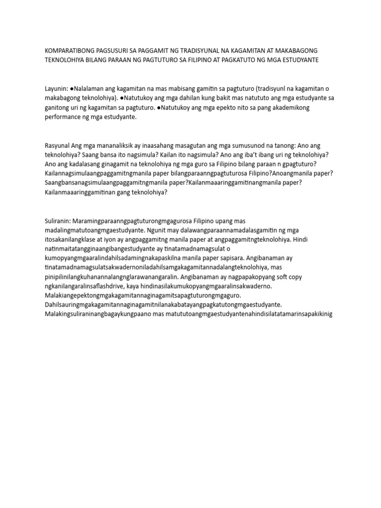 Komparatibong Pagsusuri Sa Paggamit NG Tradisyunal Na Kagamitan at Makabagong Teknolohiya Bilang ...