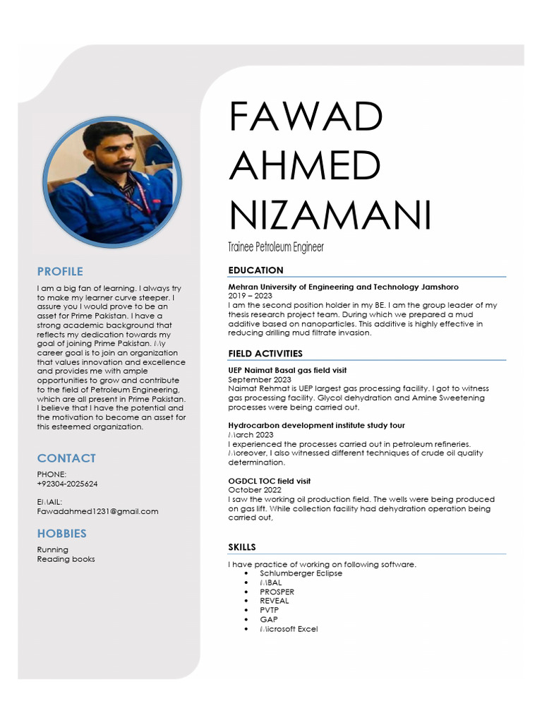19PG03 Fawad Nizamani CV Prime Pakistan | PDF | Petroleum | Hydrocarbons