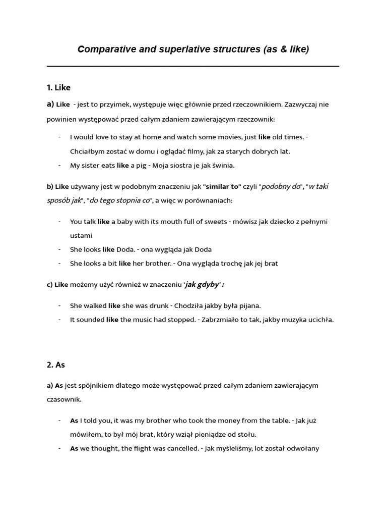 Comparative and Superlative Structures (As & Like) | PDF