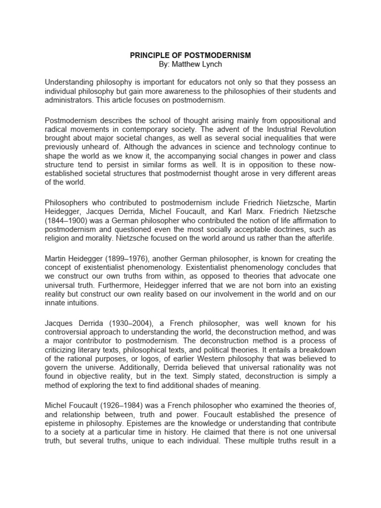Principles of Postmodernism in Education | PDF | Postmodernism ...