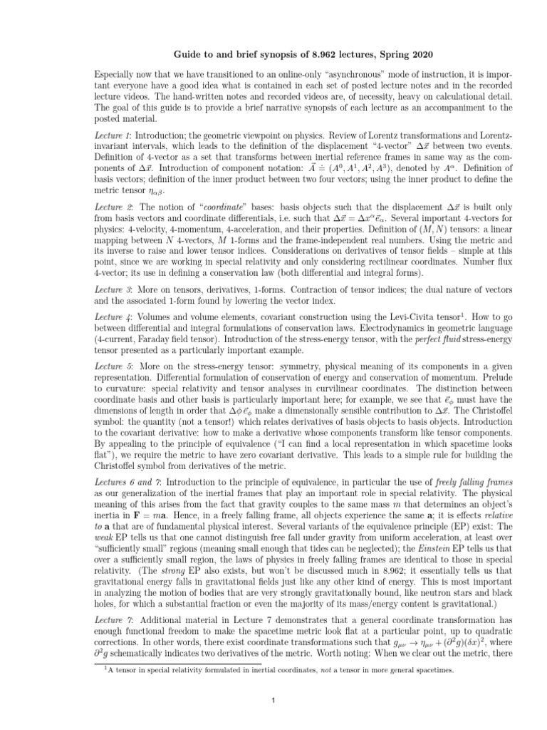 Lecture Guide | PDF | Tensor | General Relativity