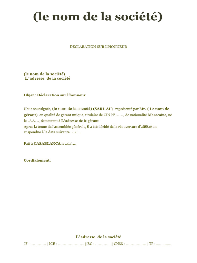 Declaration Sur l'Honneur Pour Les Gerant de Les Societe Sarl Et Sarl ...