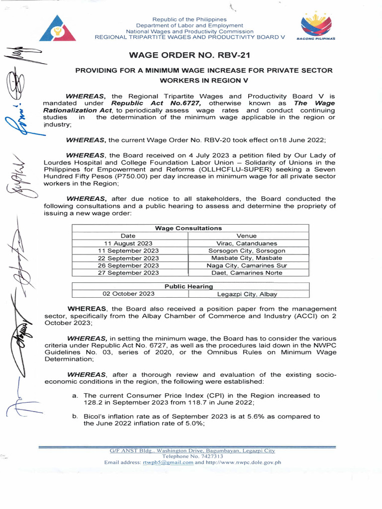 Wage Order RBV 21 | PDF | Wage | Minimum Wage