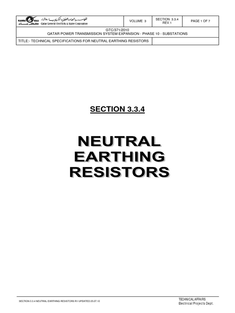 Section 3.3.4 Neutral Earthing Resistors R1 | PDF | Resistor ...