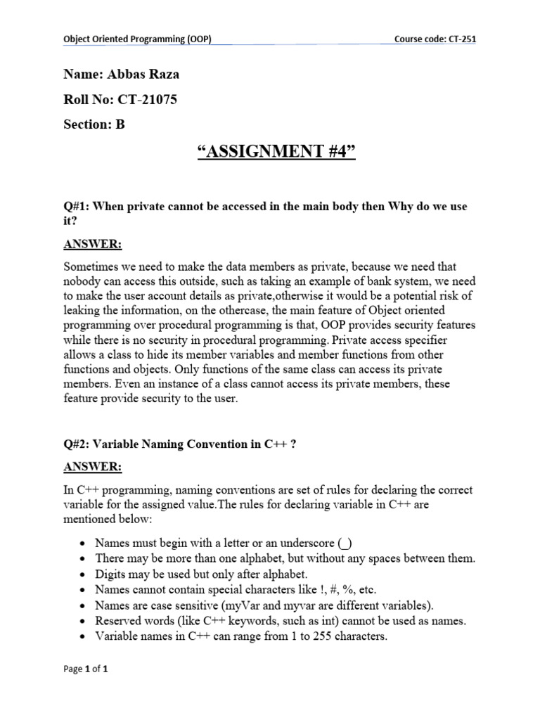 OOP Assignment: Private Access & C++ Naming | PDF | Career & Growth | Computers